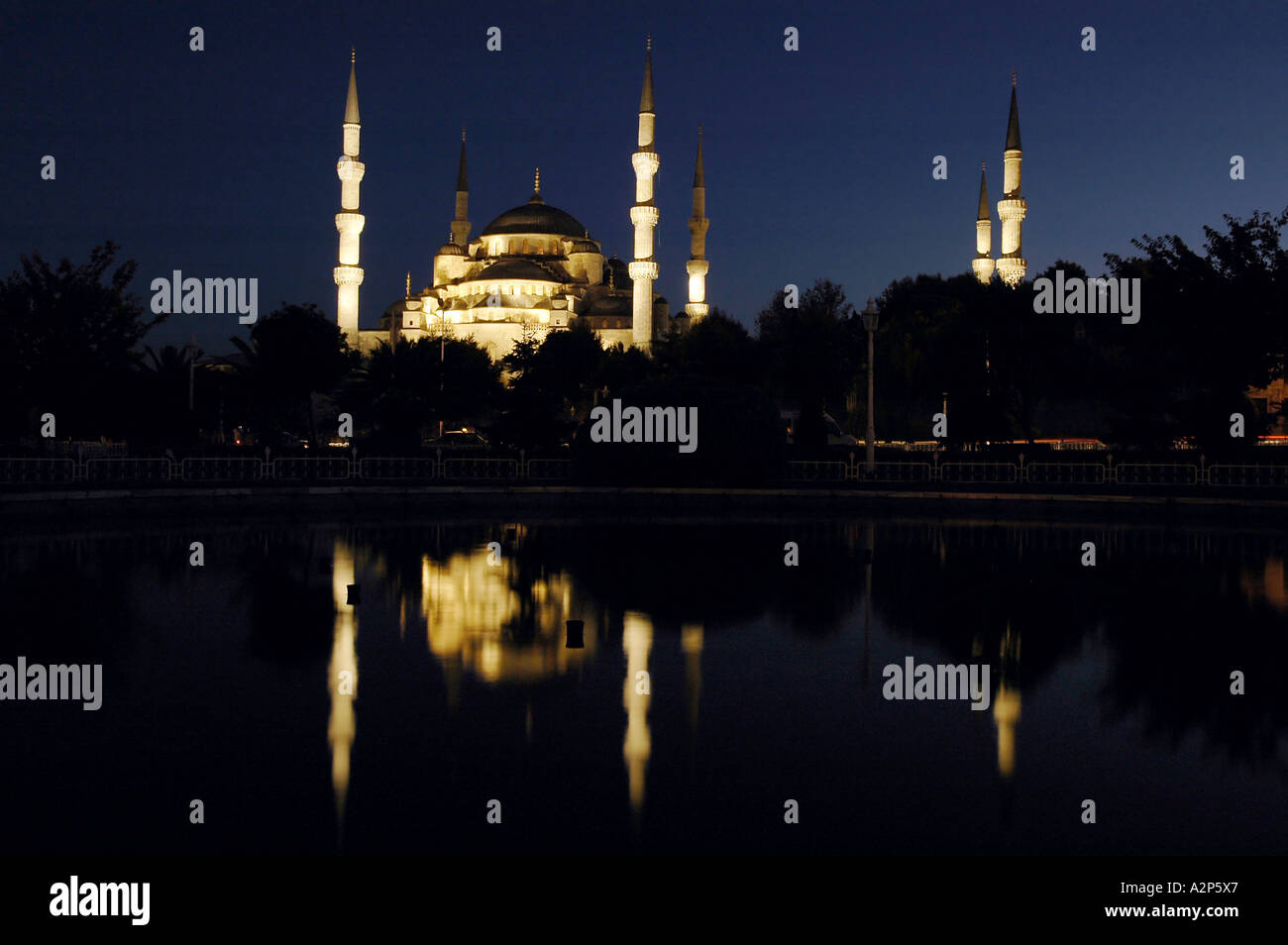 The Blue Mosque at night with reflection Istanbul Turkey Stock Photo ...