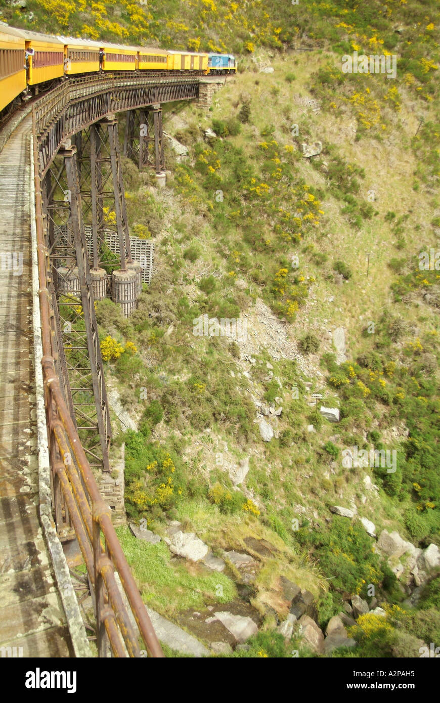 Trestle rail bridge of Taieri Gorge Railway, New Zealand Stock Photo ...