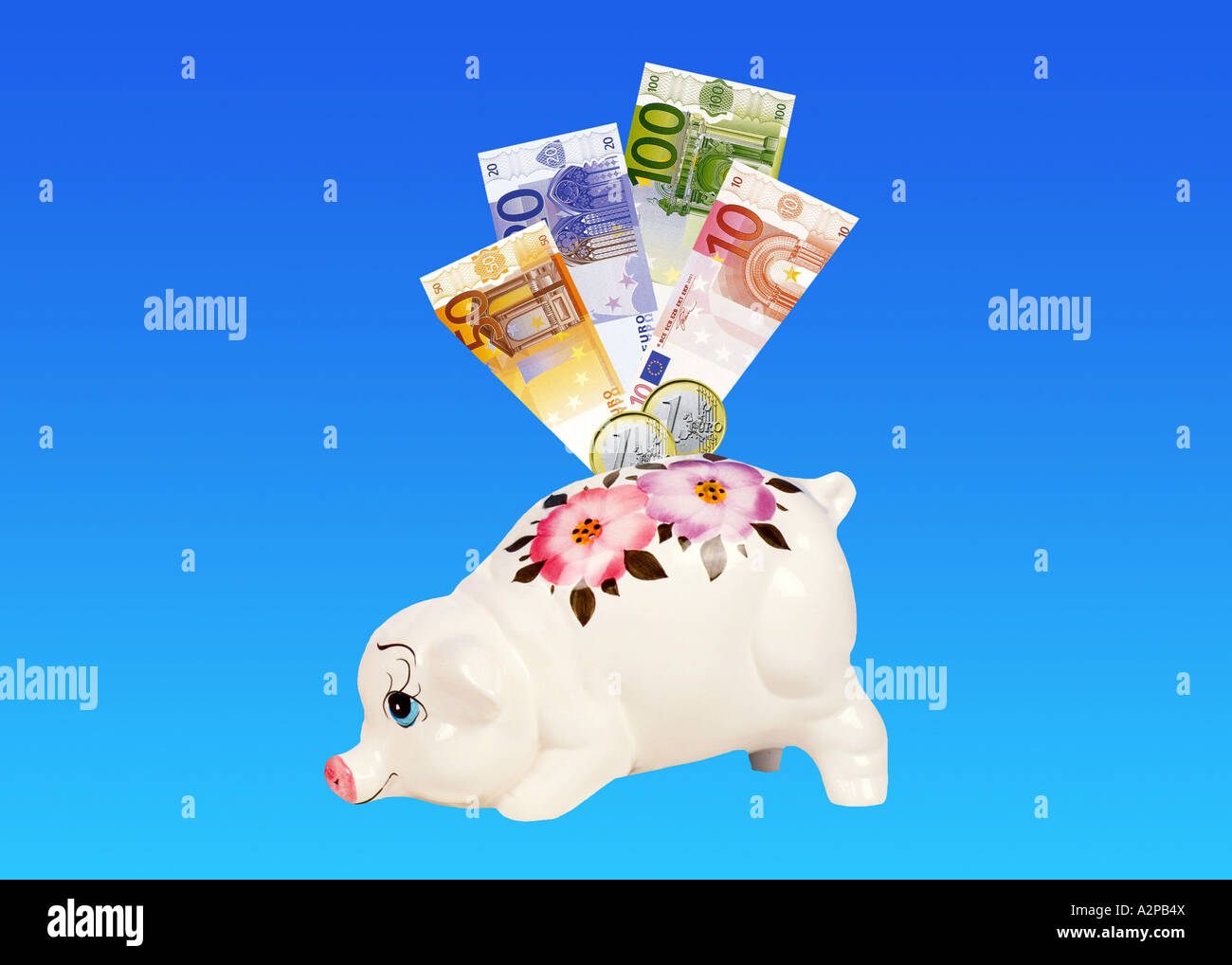 Money Pig with Euro Notes and 1-Euro coins Stock Photo - Alamy