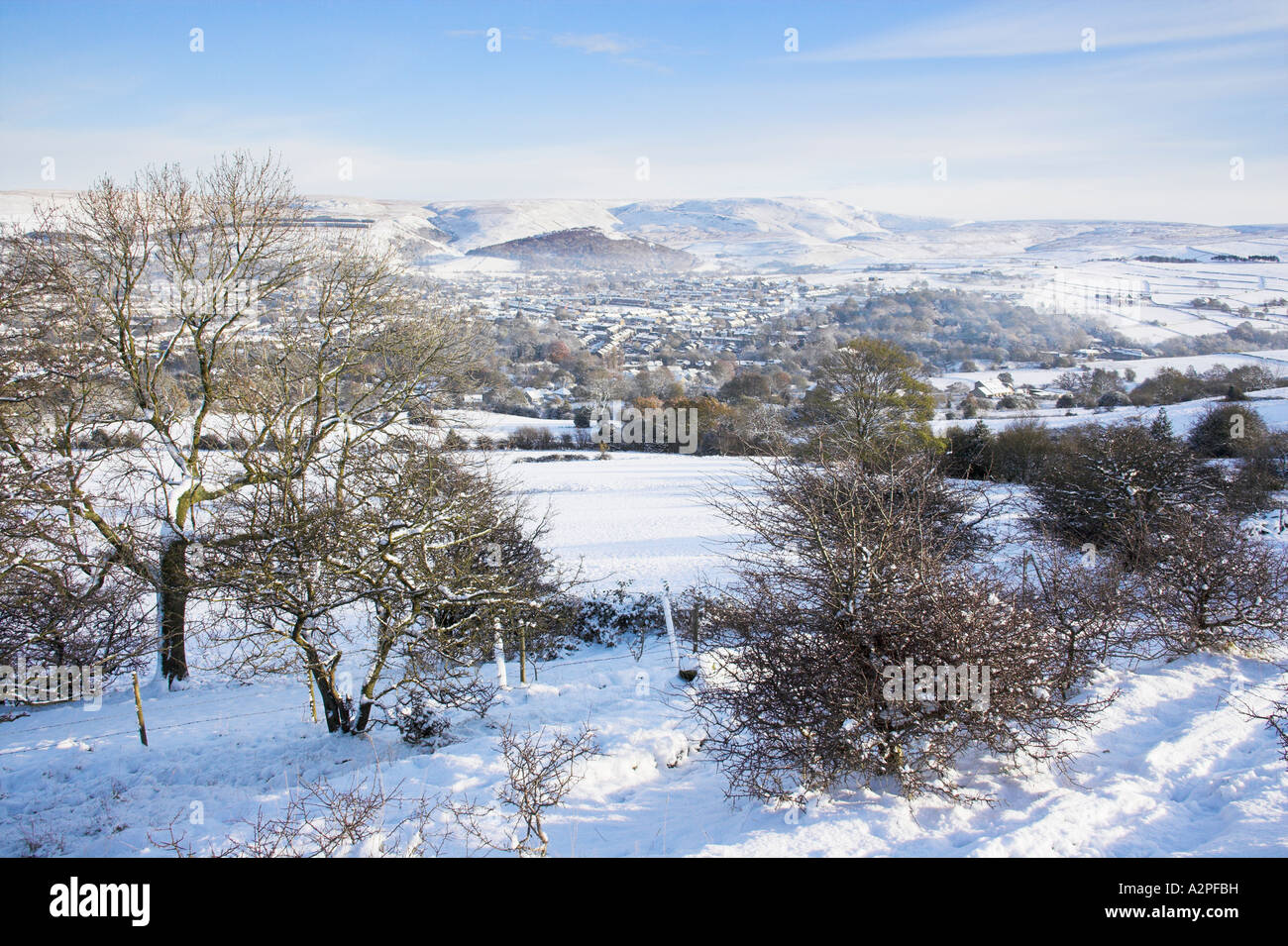 A view of Glossop under snow in the Peak District in Derbyshire Stock ...