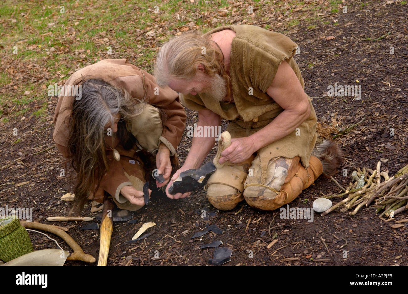 Professional Stoneage reenactors knapping flint at The Museum of Welsh ...