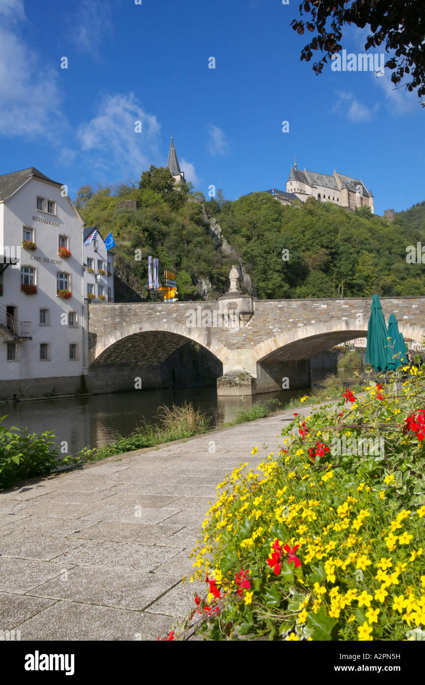 Vianden Castle and belfry above the River Our, Vianden, Luxembourg ...