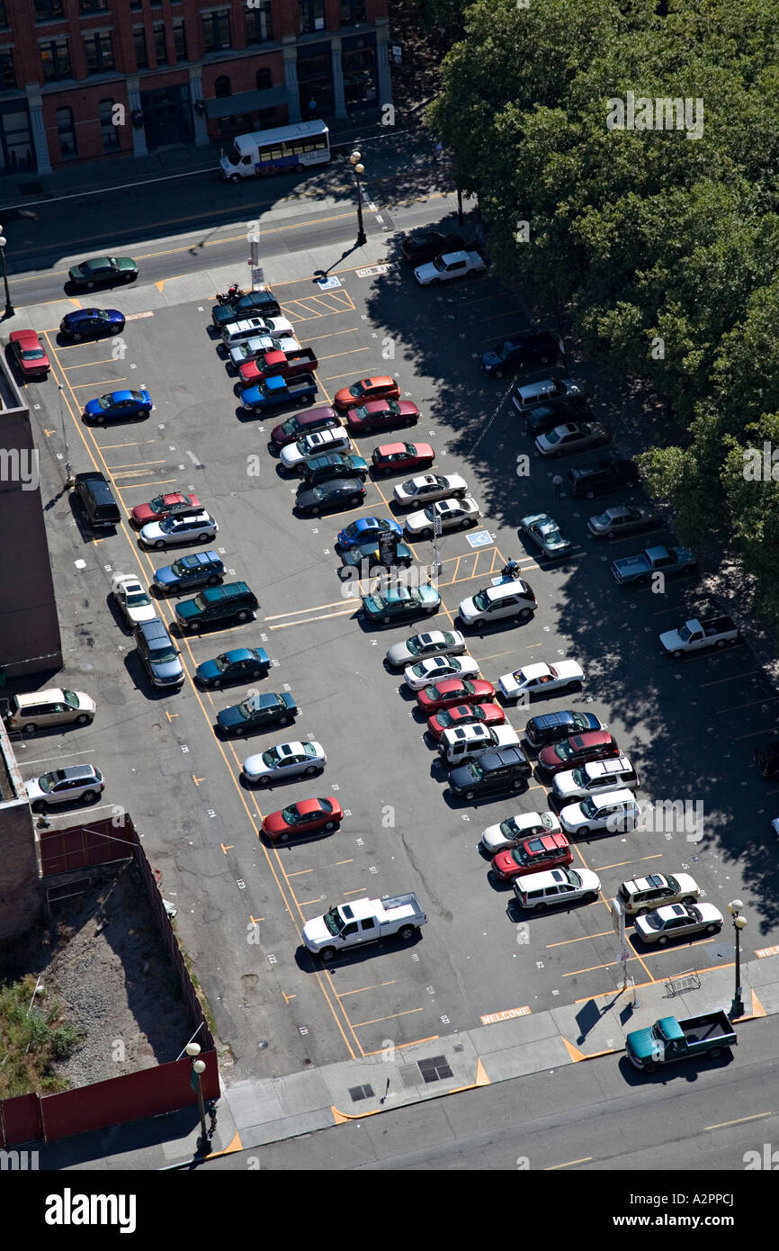 Parking lot partially filled with parked cars downtown Seattle USA ...