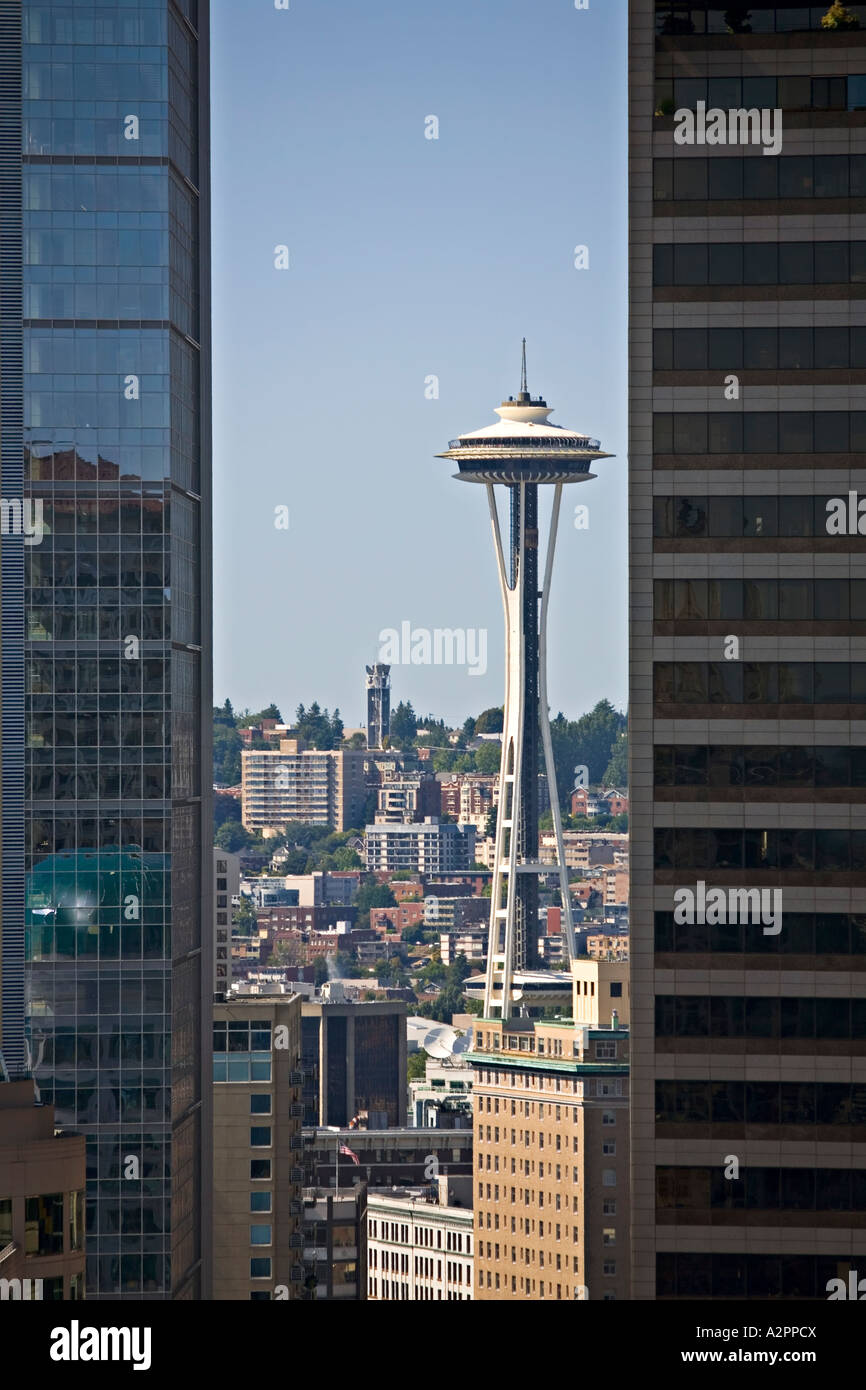 The Space Needle seen between skyscraper buildings Seattle USA Stock ...
