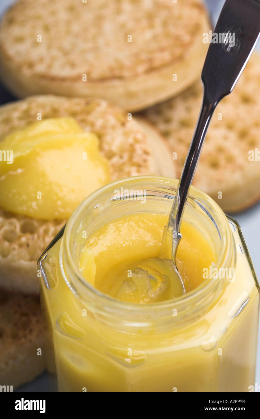 Home made Lemon Curd and Crumpets Stock Photo - Alamy