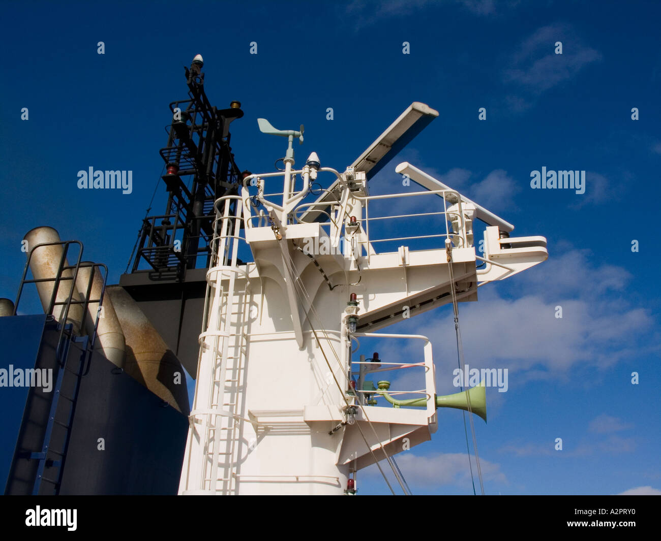 Top of ship main mast with radar scanner and weather station vane Stock ...