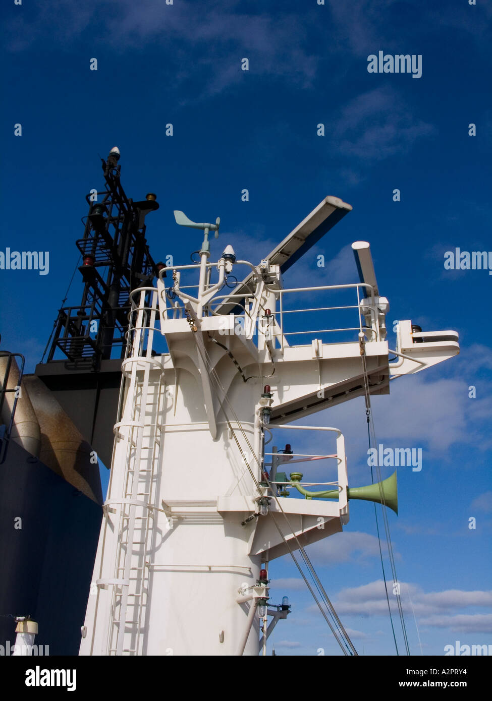 Top of ship main mast with radar scanner and weather station vane Stock ...