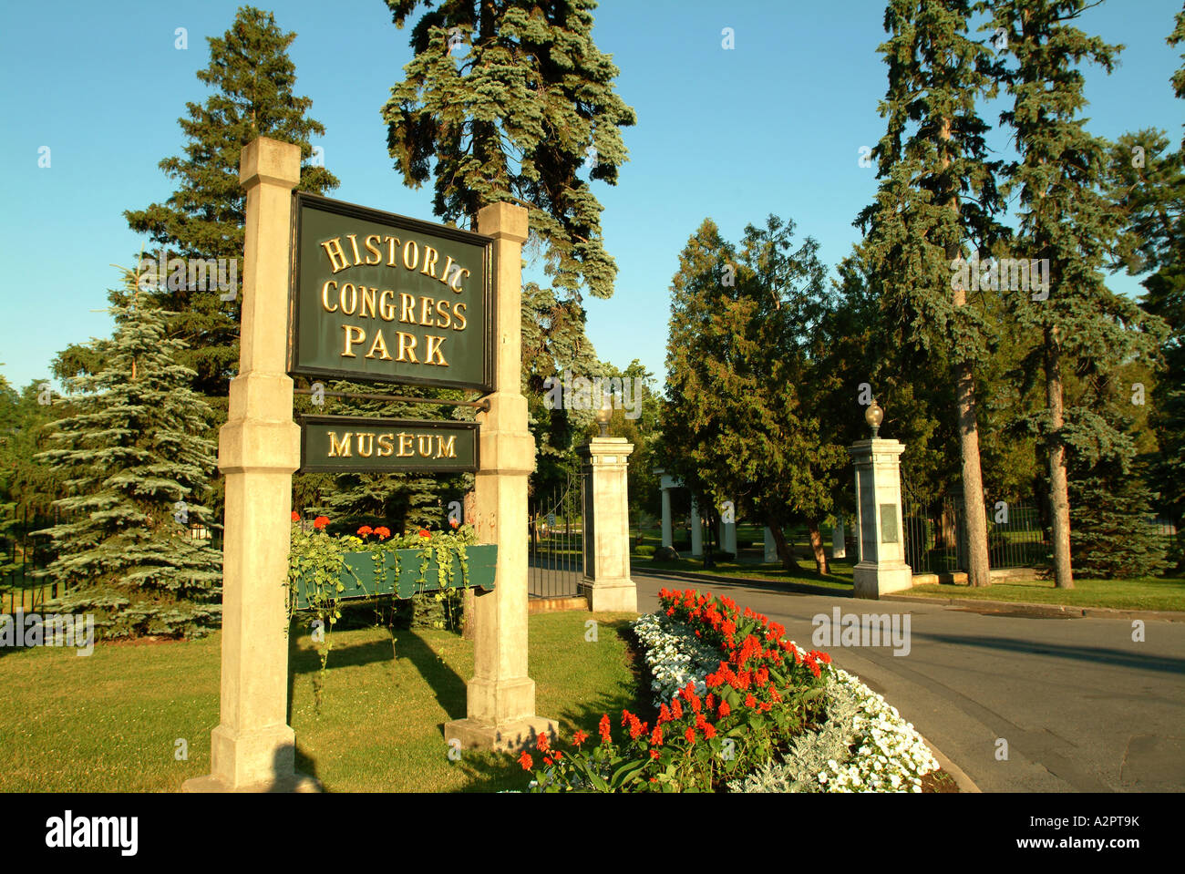 USA NY Saratoga Springs Historic Congress Park in center of town off ...