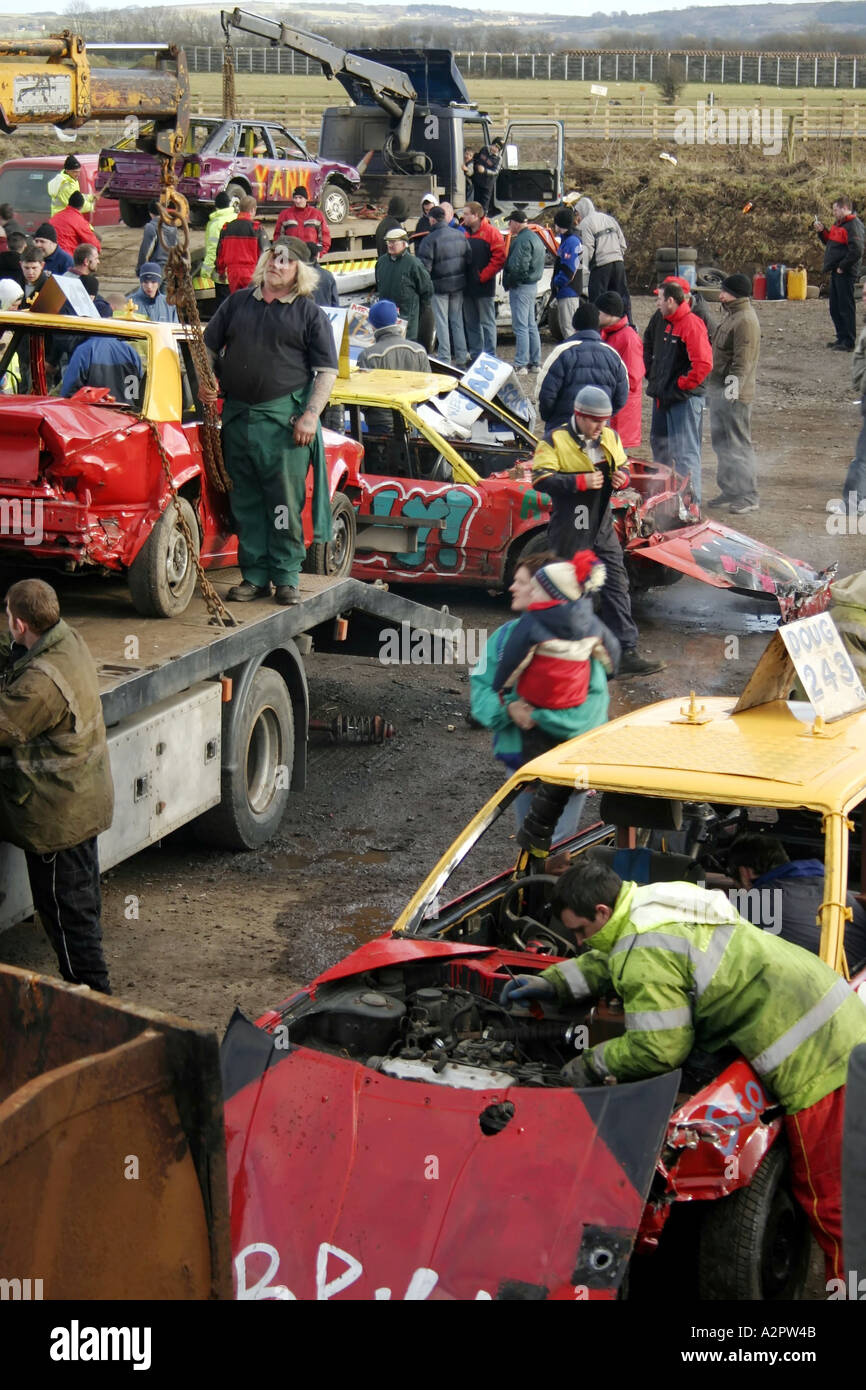 Fixing stock cars between races, Nutts Corner raceway, Northern Ireland ...