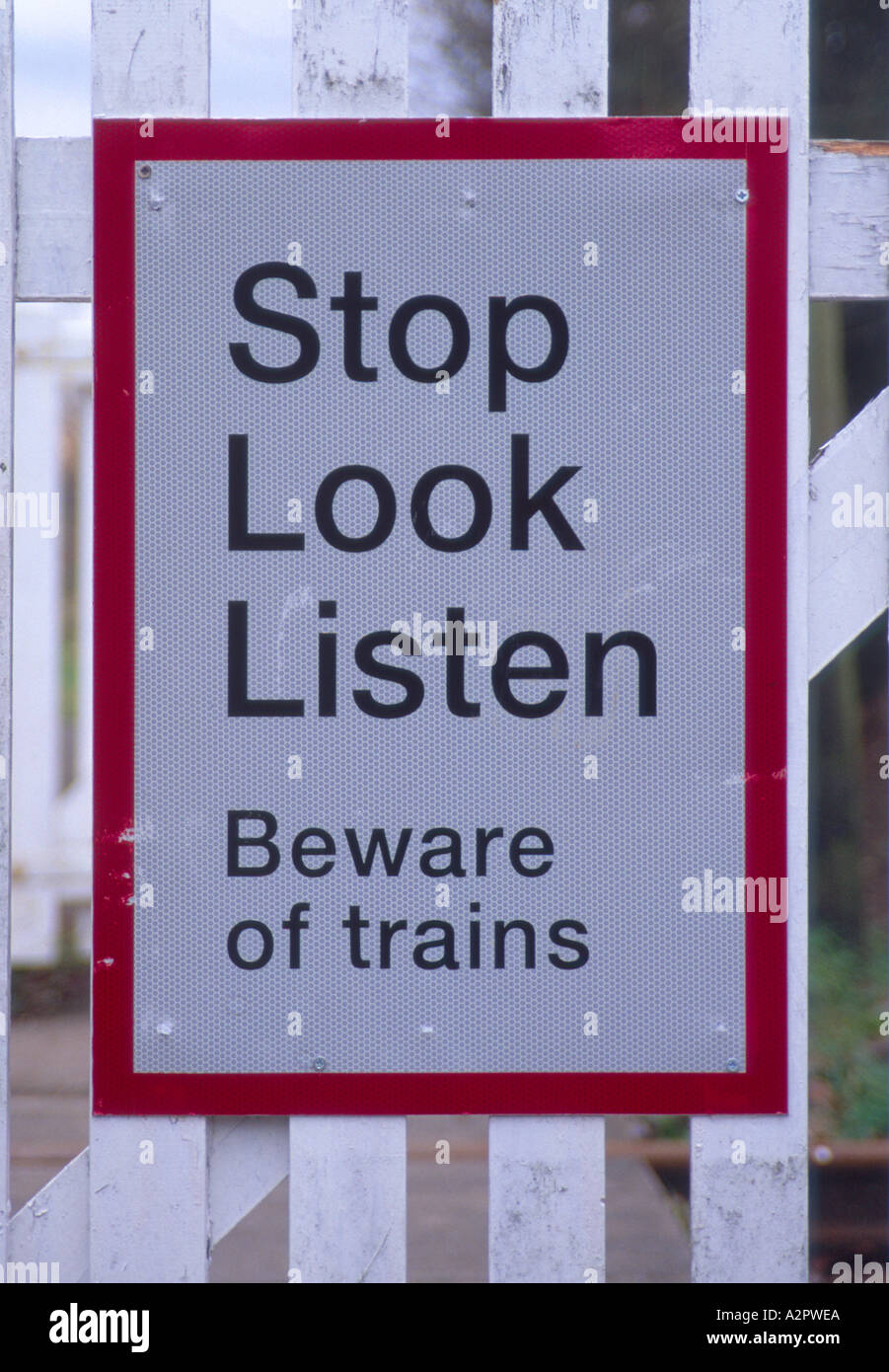 Stop Look Listen railway warning sign Stock Photo - Alamy