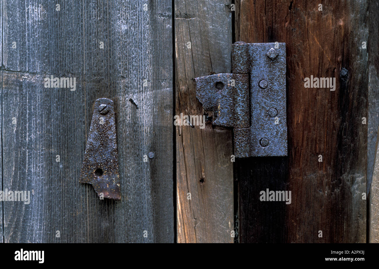 Broken hinge on weathered wood Stock Photo - Alamy