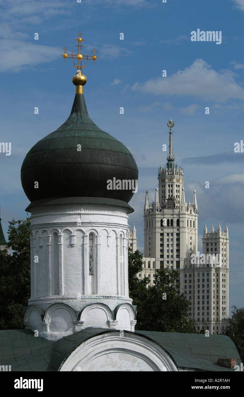 Russian orthodox church in Zaryadye and a skyscraper from the Stalin's ...