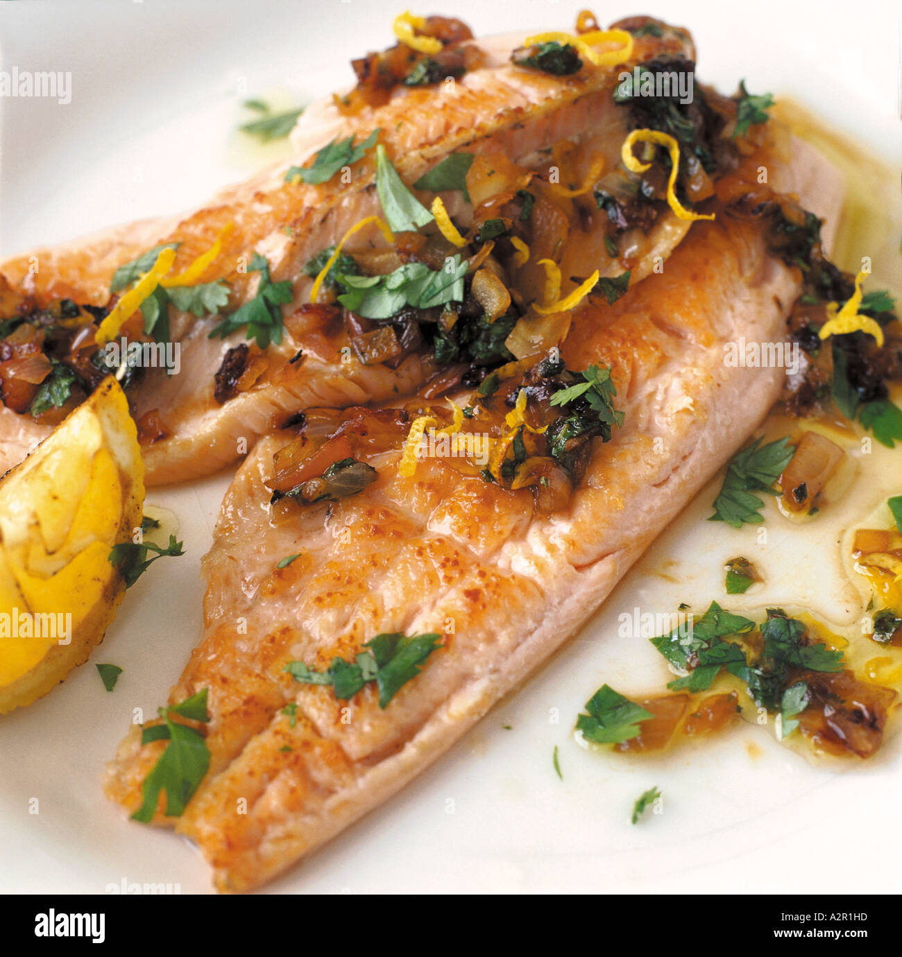 Lemon and Coriander Pan Fried Trout Stock Photo - Alamy
