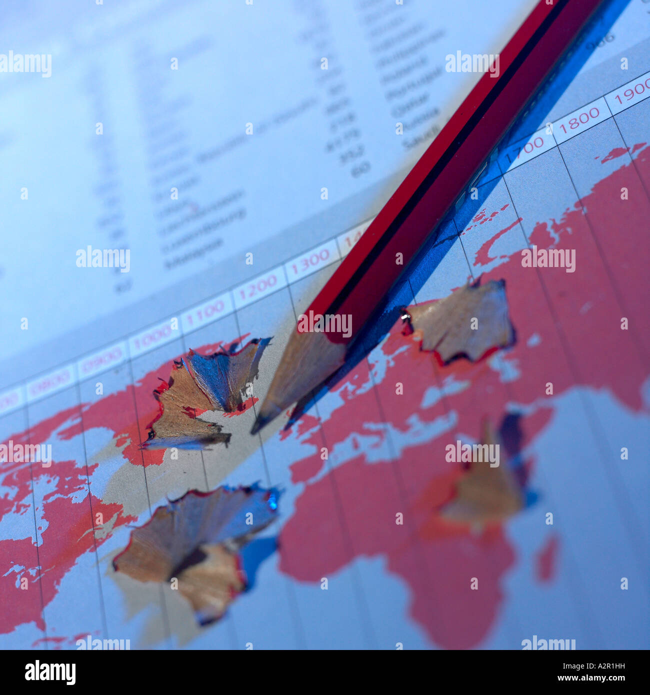 Diary with world map and pencil and shavings Stock Photo - Alamy