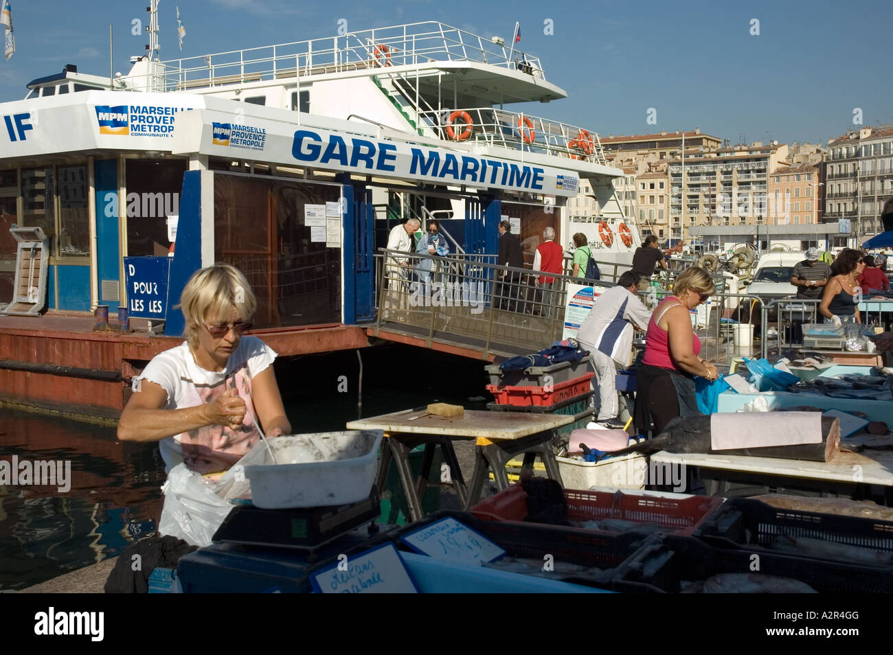 female fishmonger at a stand of fish market in old port, le vieux port ...
