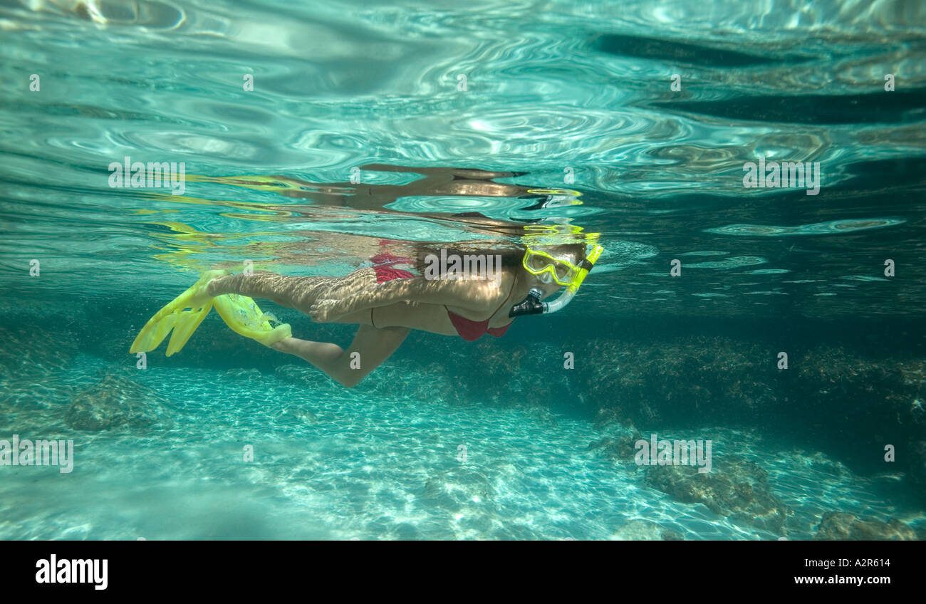 Woman snorkeling over shallow sandy bottom in red bikini Stock Photo ...
