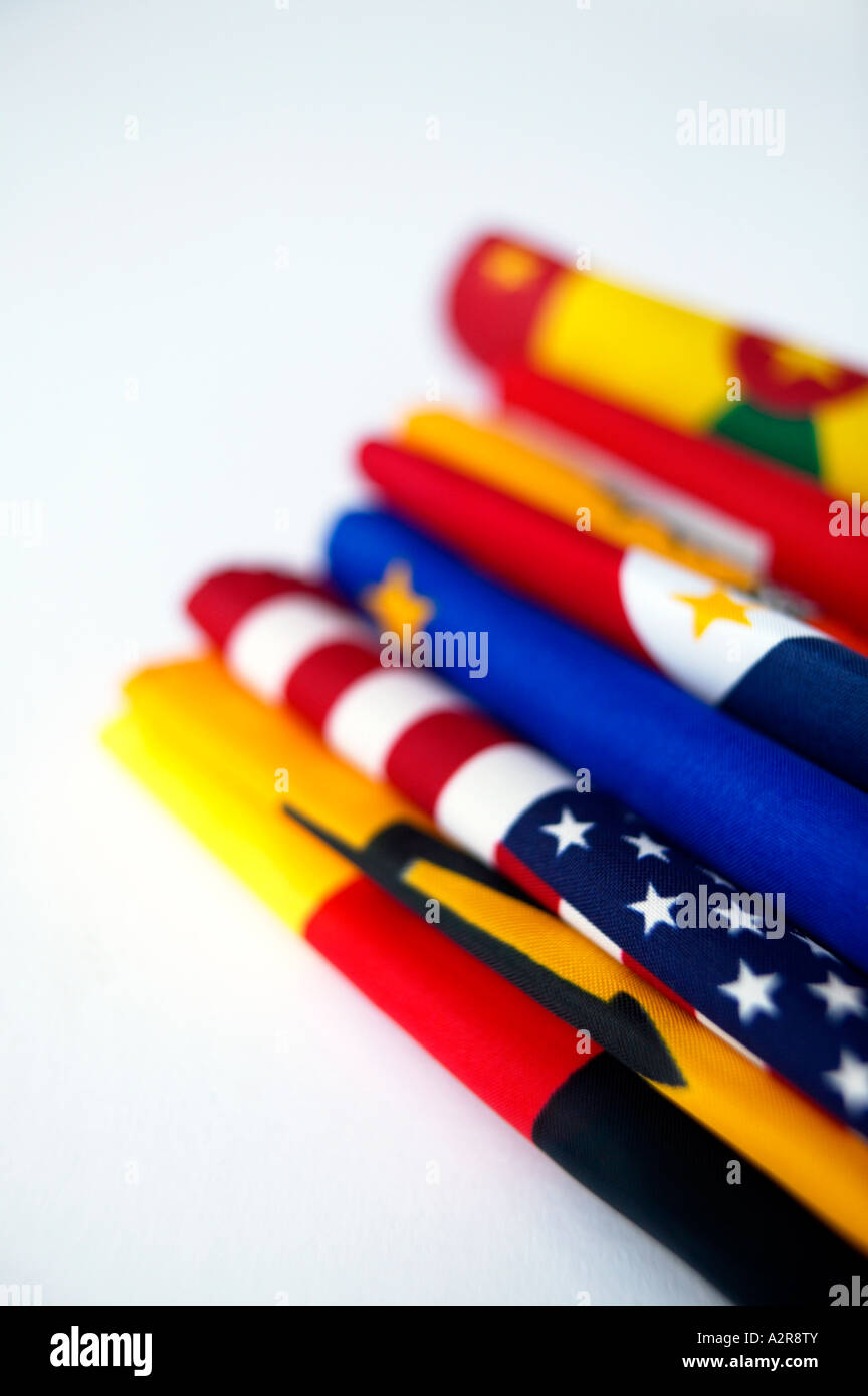 Pile of folded world national flags stars and stripes European Union ...
