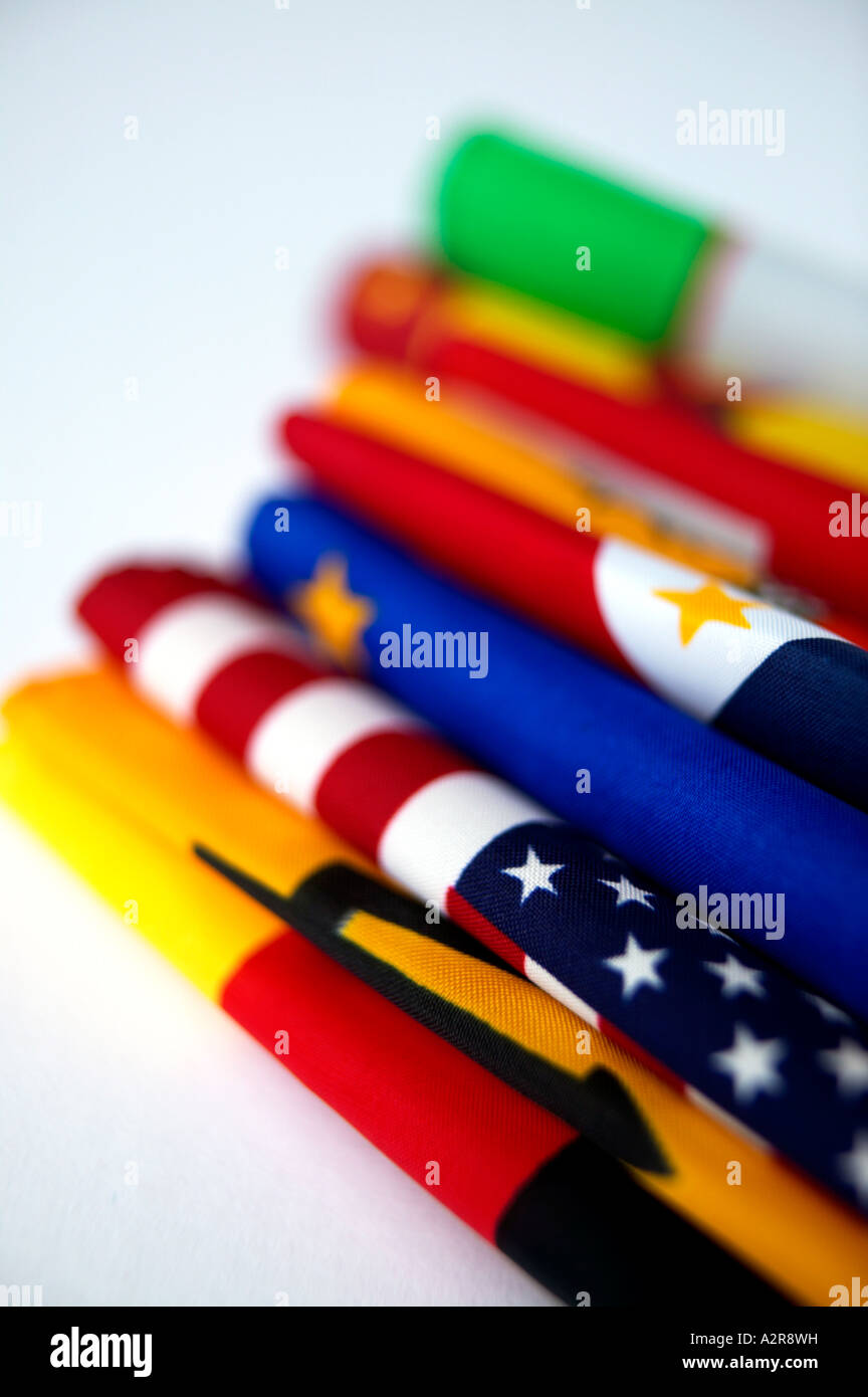 pile of folded world national flags stars and stripes European Union ...