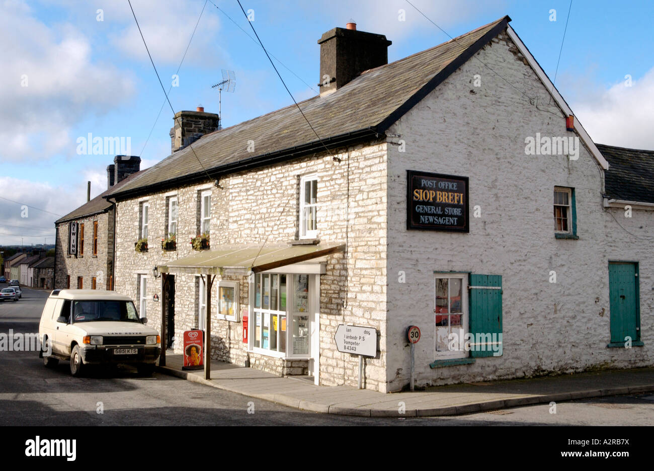 Corner shop in the rural Welsh language speaking village of Llanddewi ...