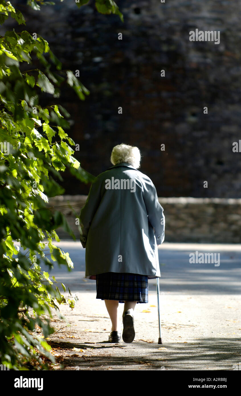 Elderly lady walking with stick down road in dappled sunlight UK Stock ...