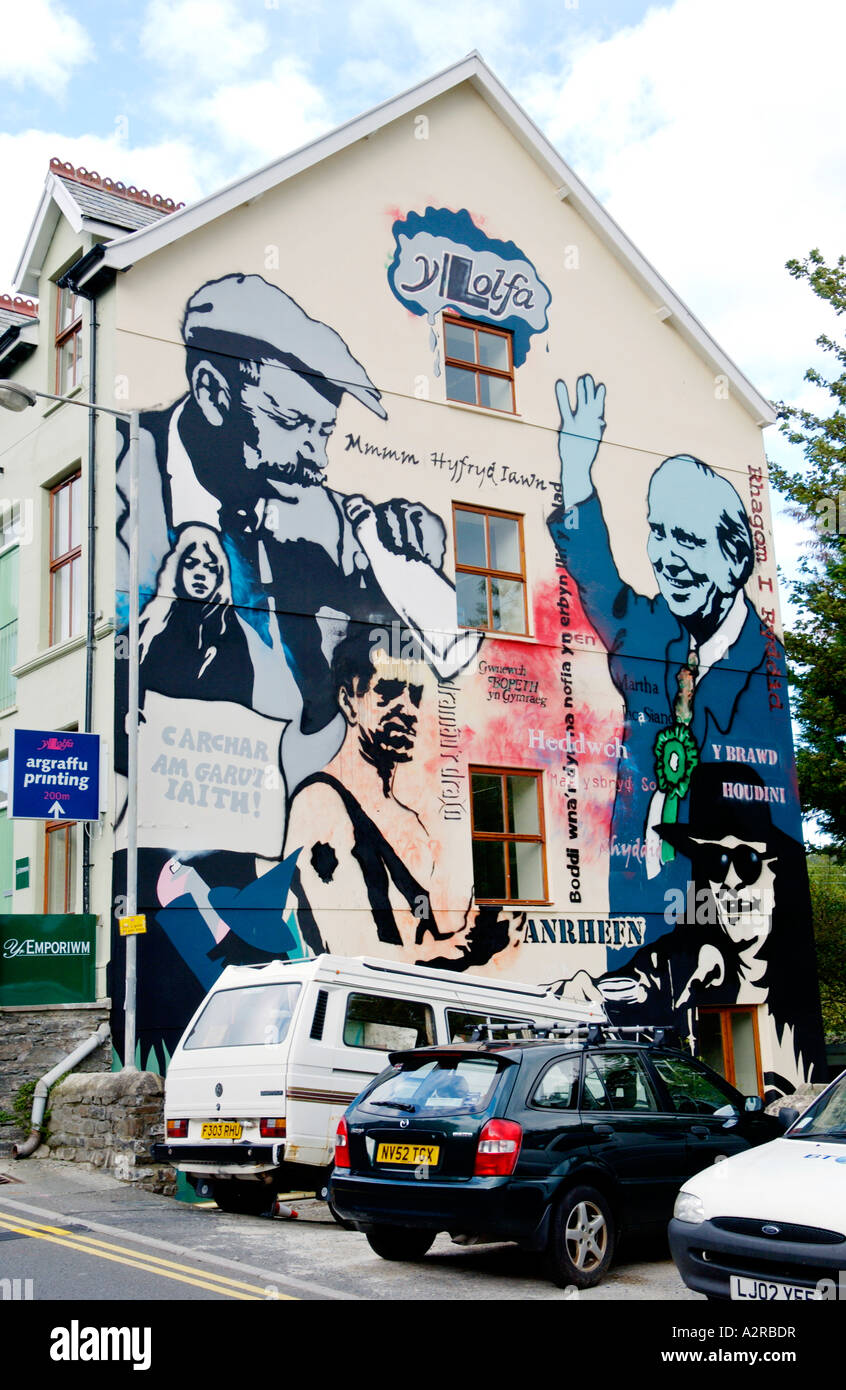 Radical Welsh political mural painted on end of buliding in Talybont ...