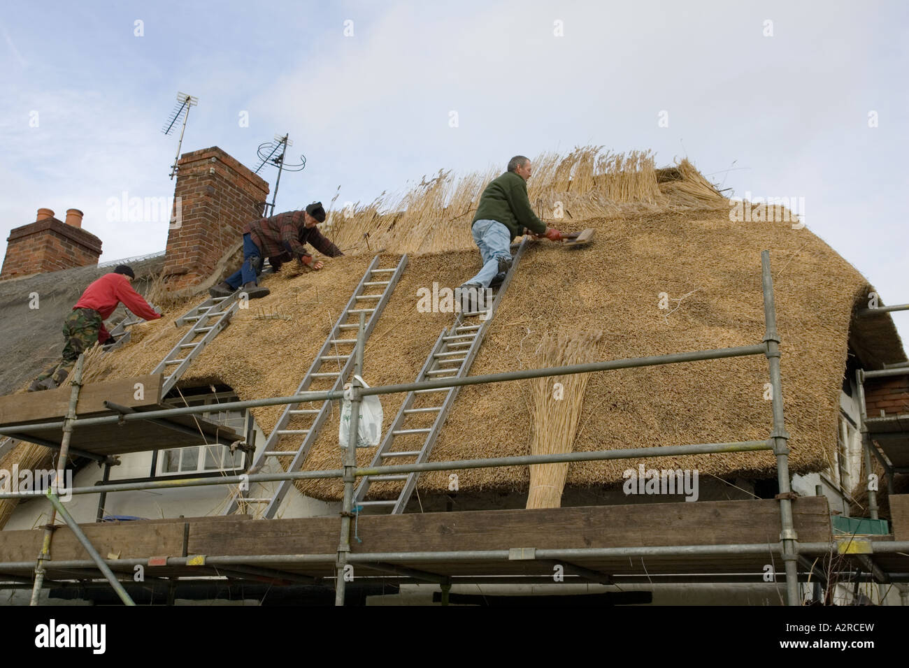 Rural craftsmen on roof thatching cottage near Stratford UK Stock Photo ...