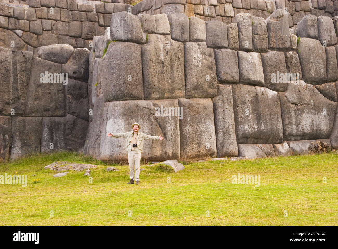 Male Tourist Photographer demonstrating scale of SacsayHuaman Incan ...