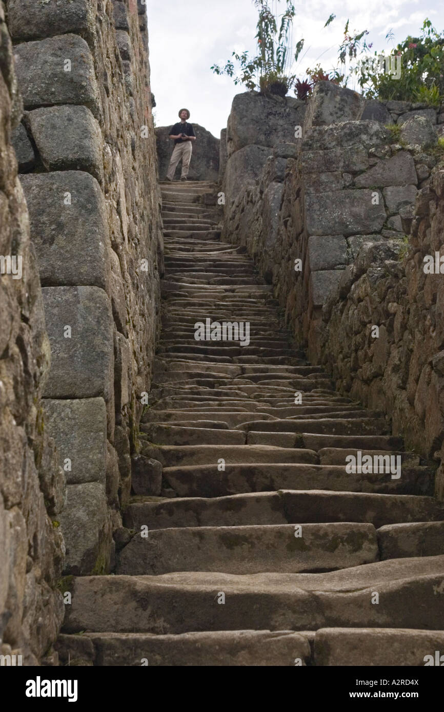 Tourist at top of steep flight of steps Macchu Picchu Peru Stock Photo ...