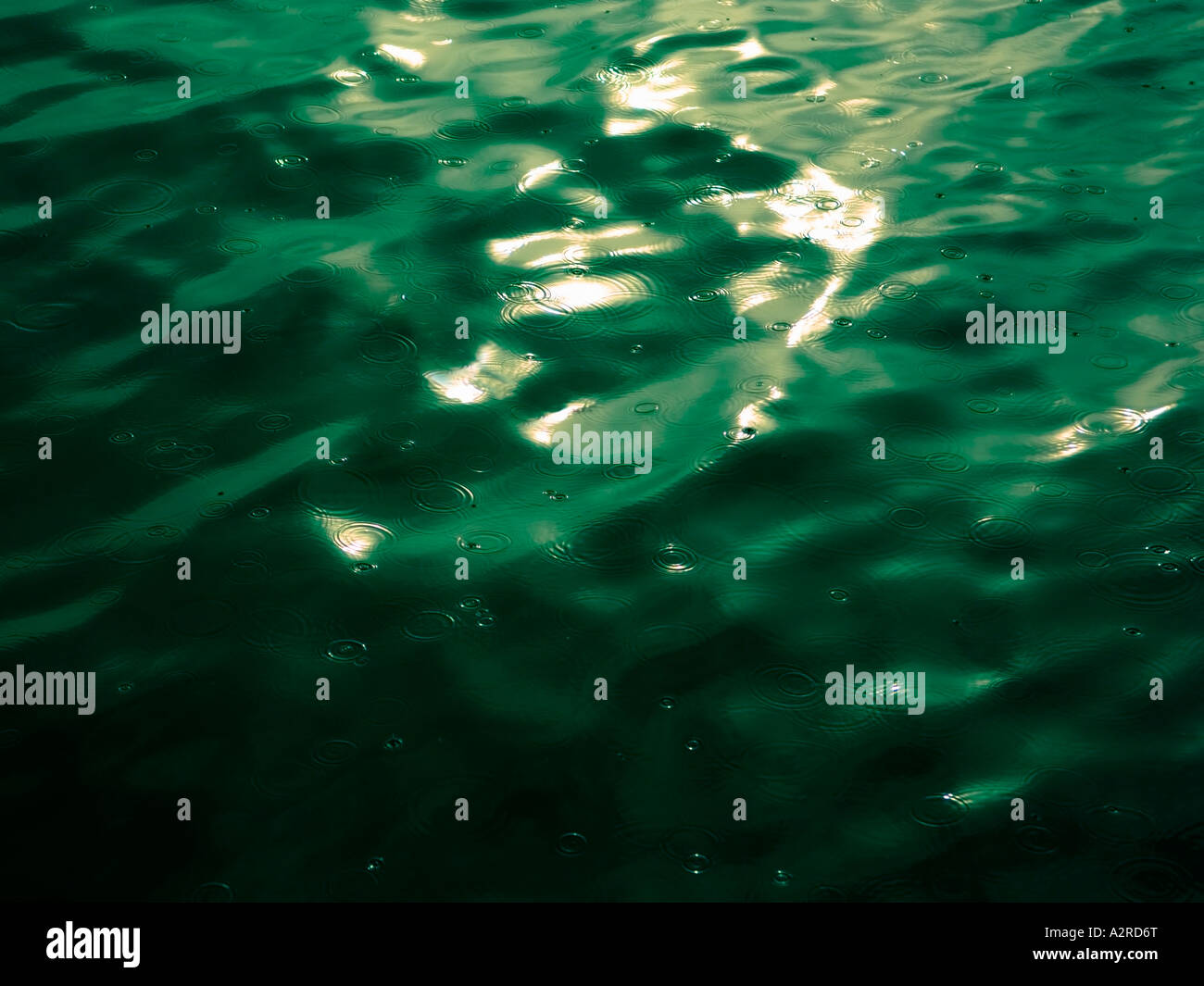 Deep green water surface and raindrops Stock Photo - Alamy