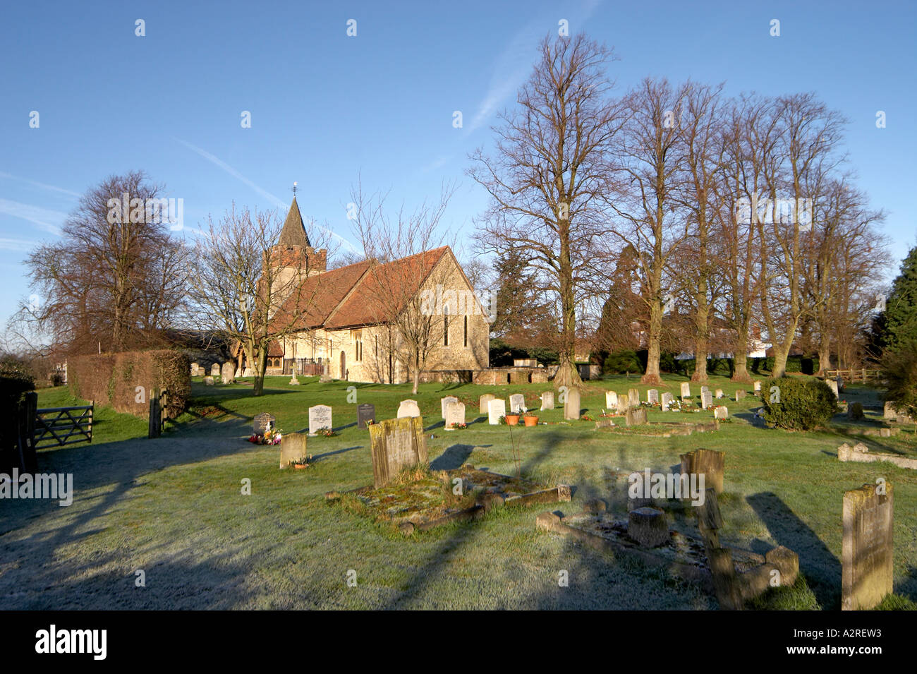 All Saints Old medieval church on a frosty winter morning in High Laver ...