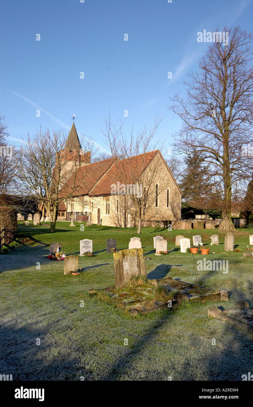 All Saints Old medieval church on a frosty winter morning in High Laver ...