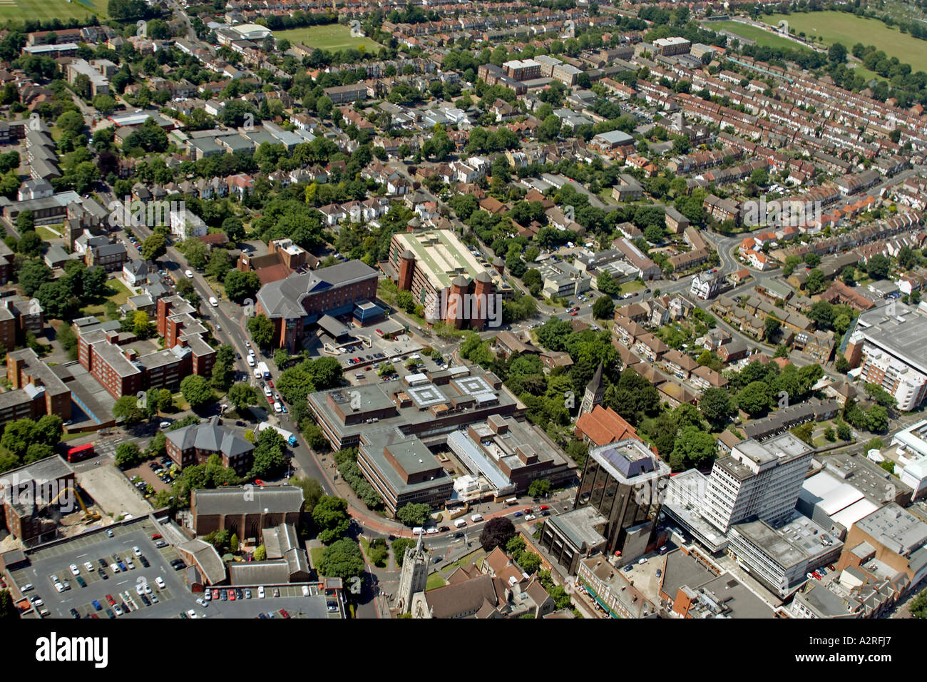 Oblique high level aerial view north west of Carshalton to Sutton with ...