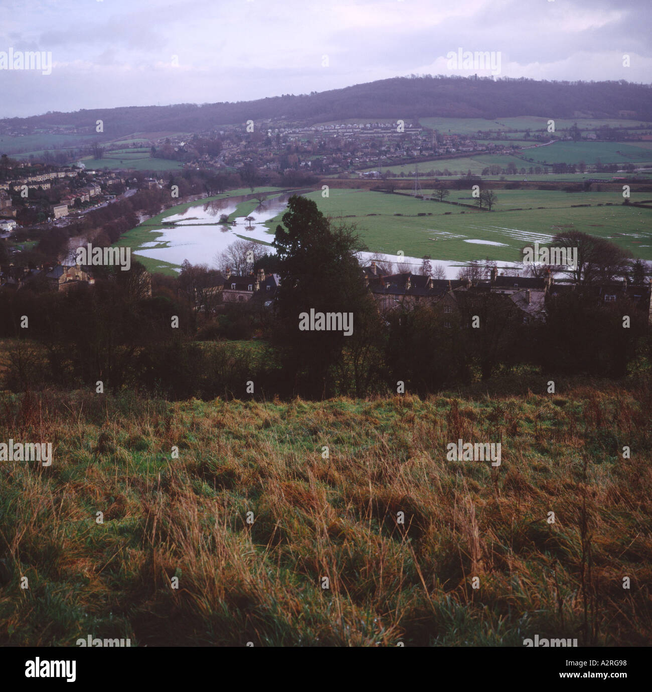 Flooding revealing line of former meander loop flood plain River Avon ...