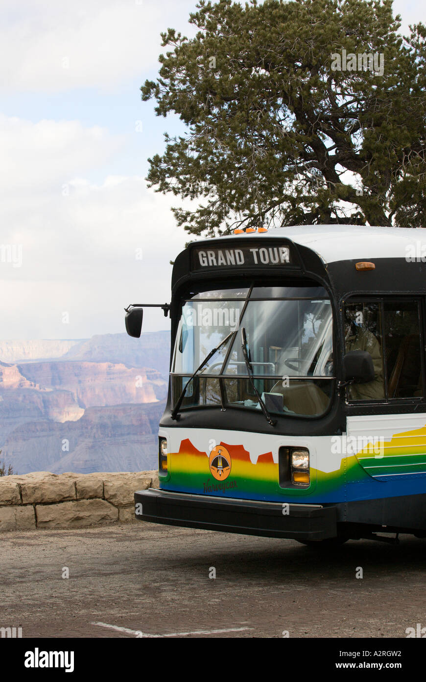 Front quarter view of a tour bus at Grand Canyon National Park Stock ...
