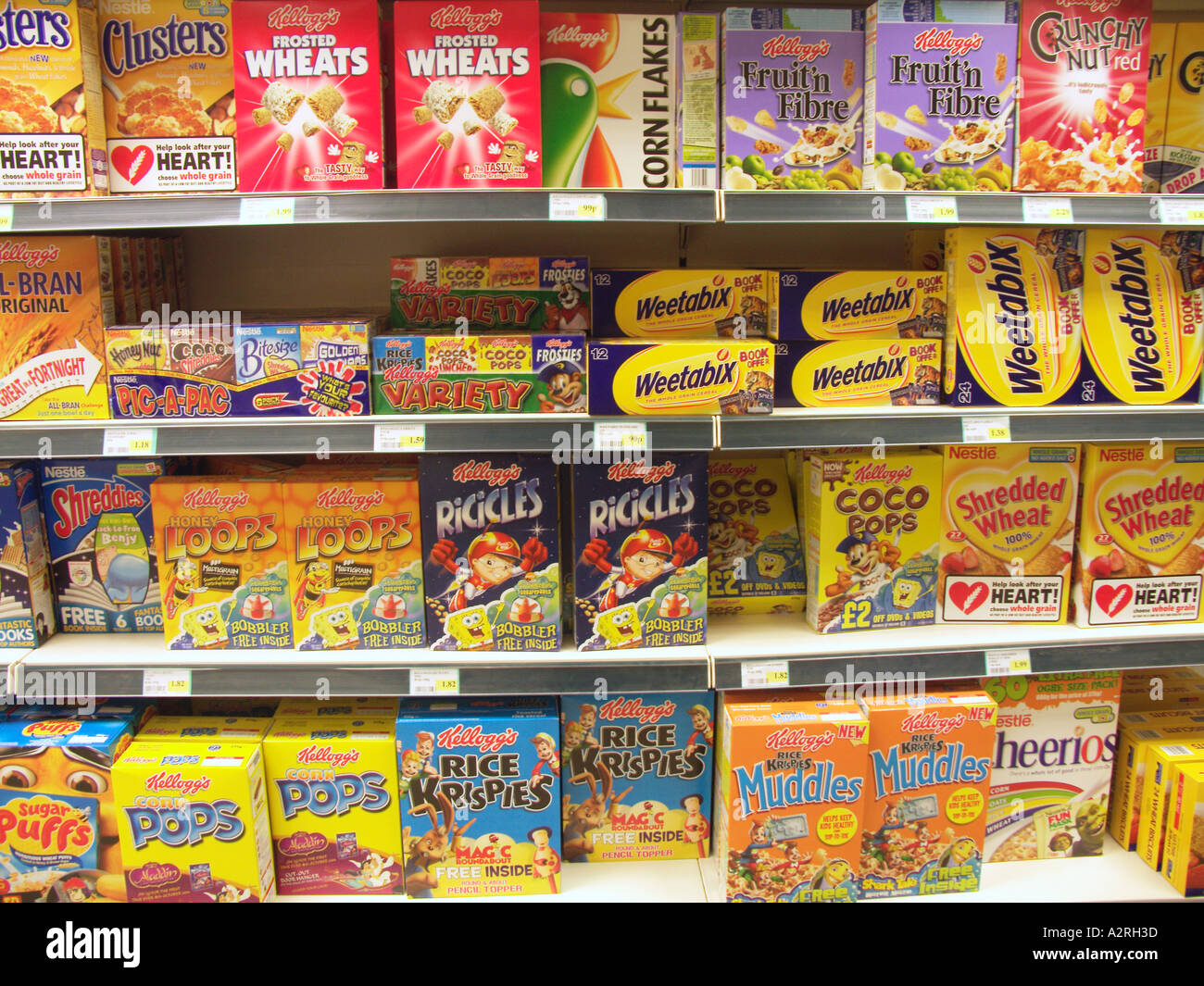 Breakfast cereal on display in UK shop Stock Photo - Alamy