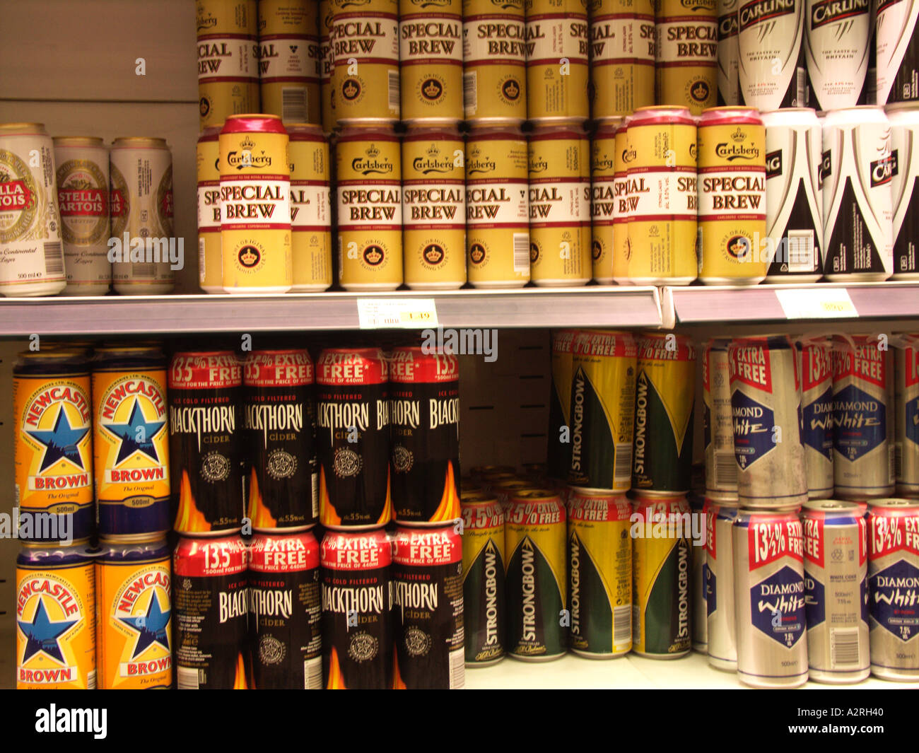 Beer cans on display in UK shop Stock Photo - Alamy
