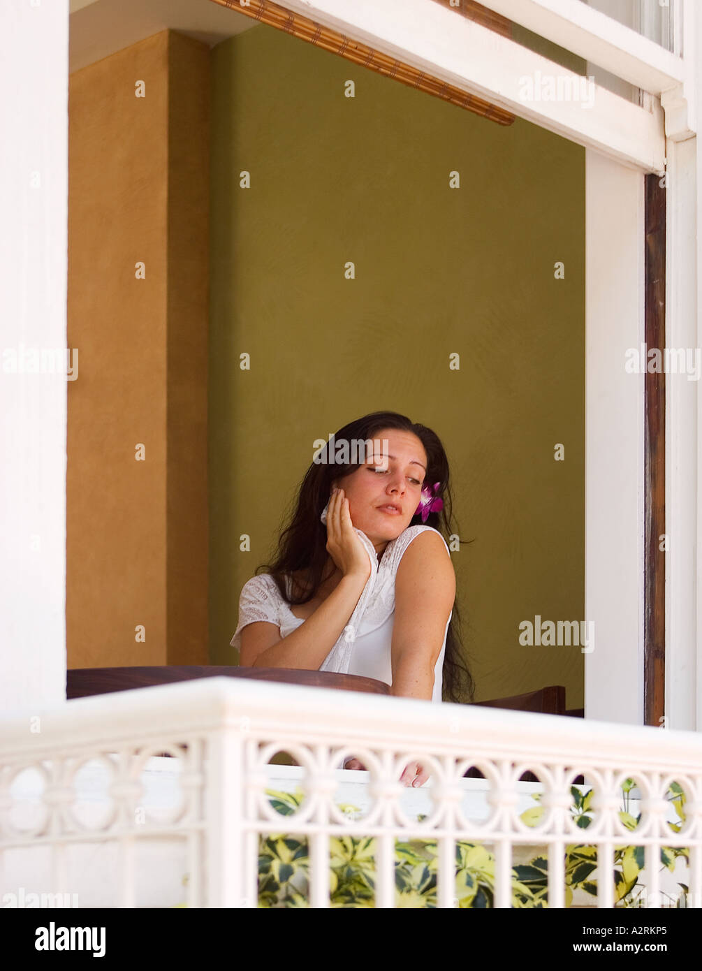 Beautiful young woman in a window Stock Photo - Alamy