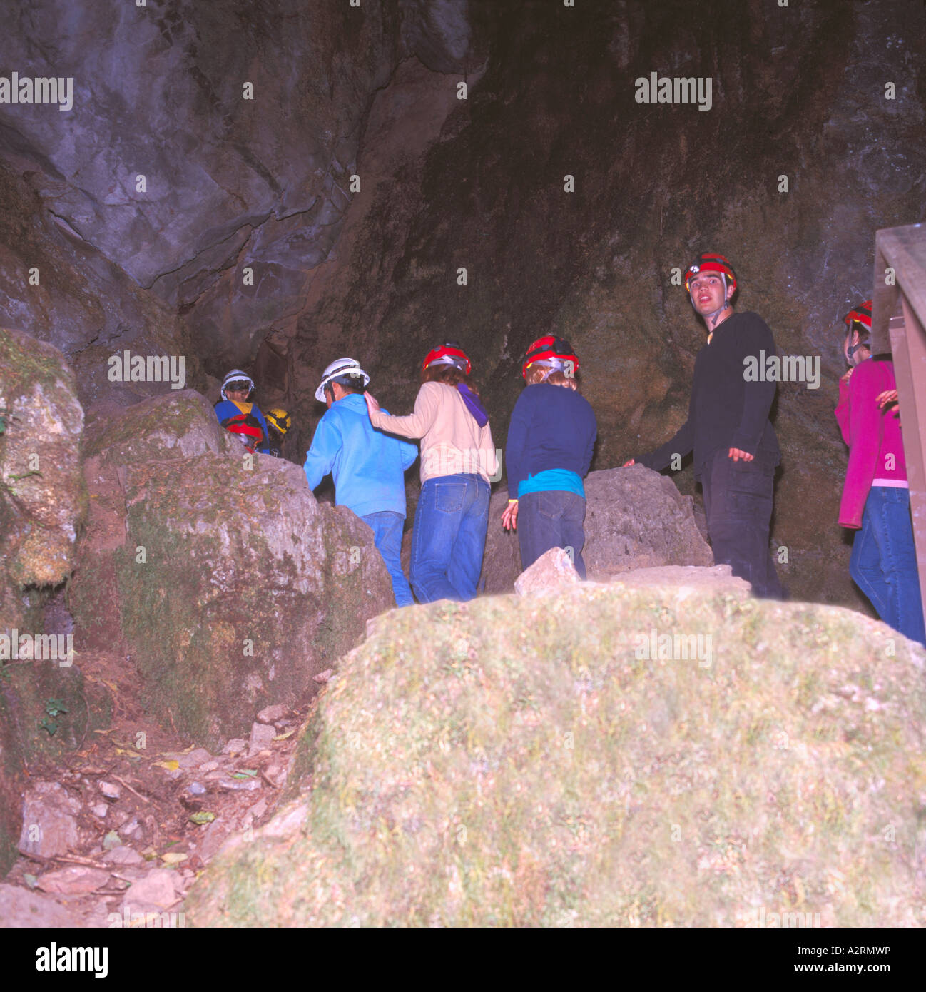 Tourist Spelunkers enter Lower Cave at Horne Lake Caves Provincial Park ...