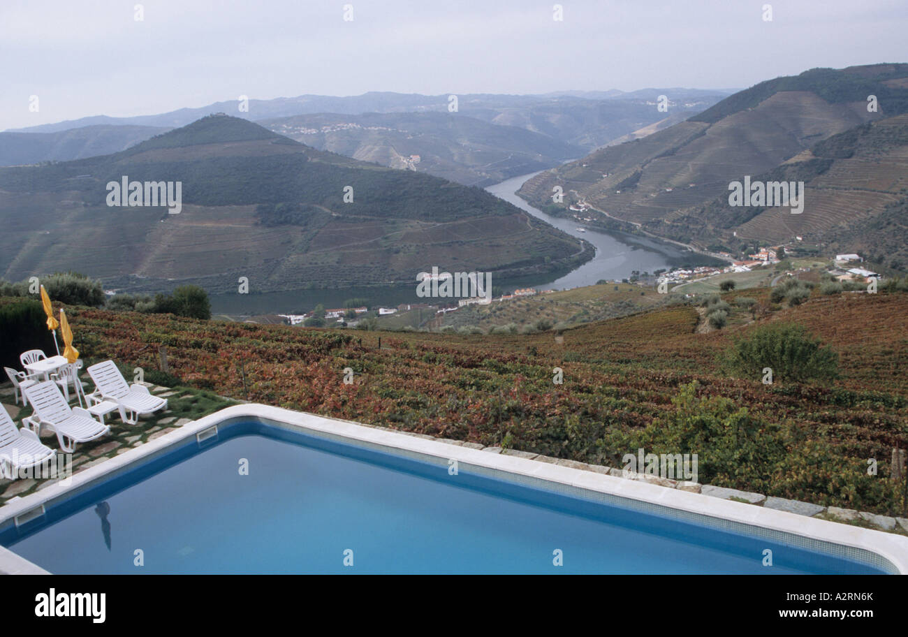View of vineyards and swimming pool above Pinhao on the Douro valley ...