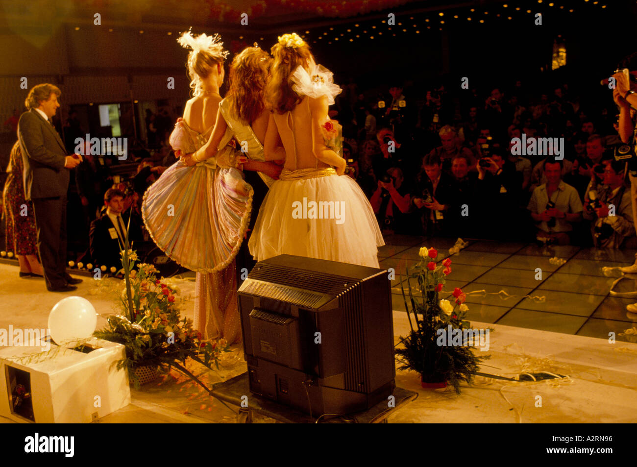 winning miss ussr beauty competition contestants line up on stage for ...