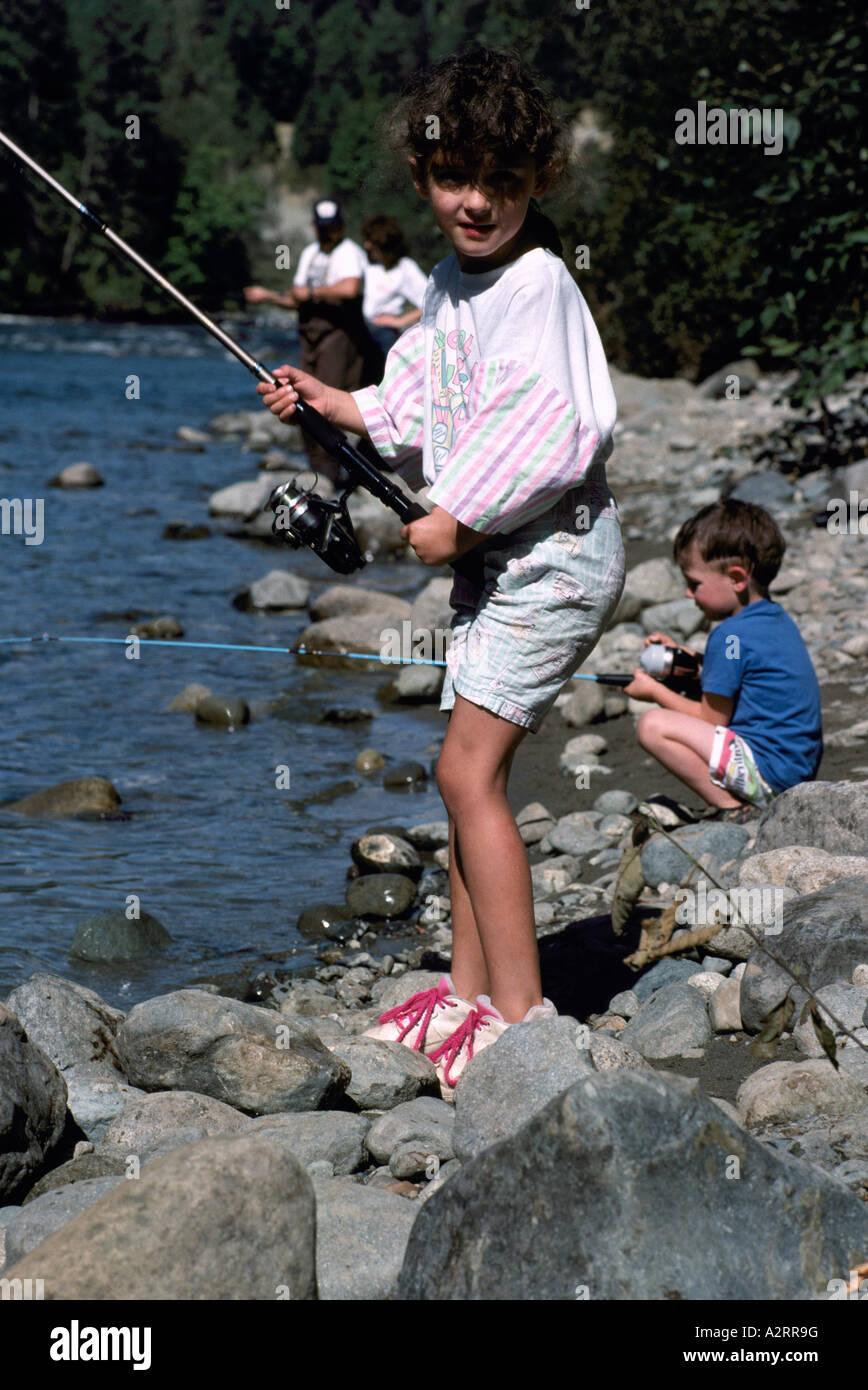 Young Girl and Boy, Children fishing for Salmon, Stamp River near Port ...