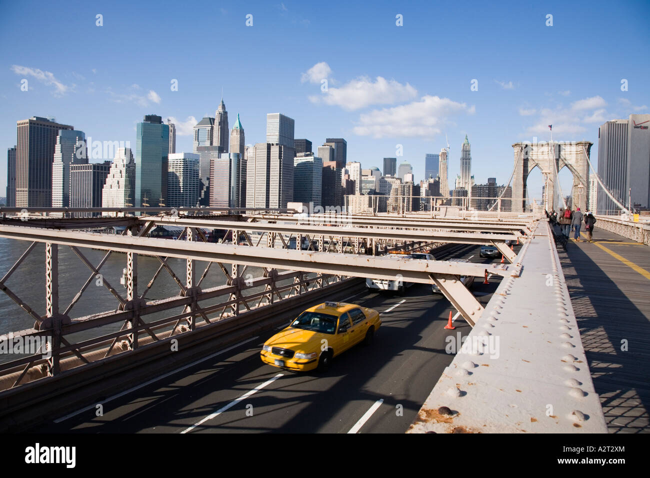 Brooklyn Bridge car lanes and Manhattan skyline New York City USA Stock ...
