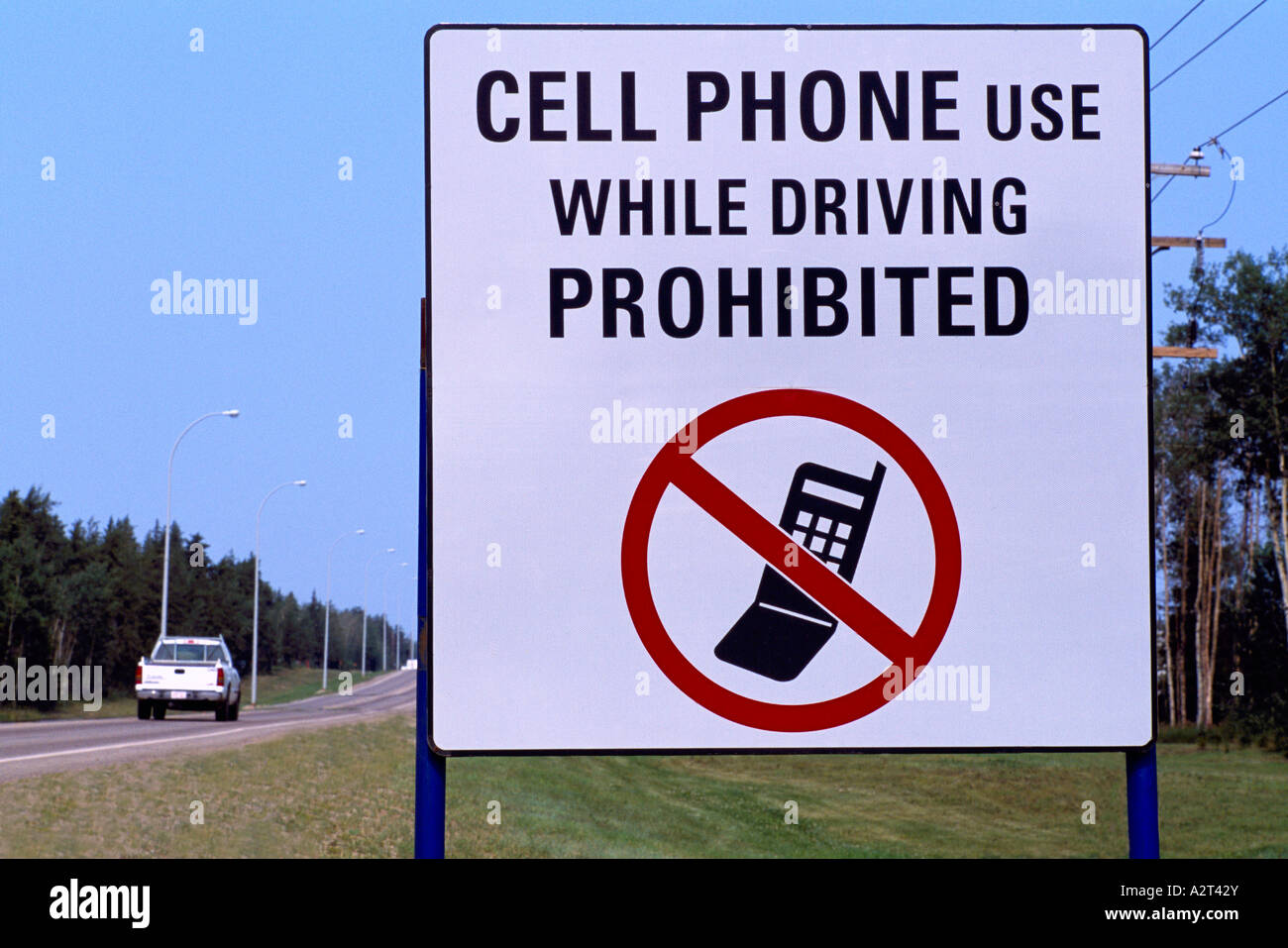 Highway Road Sign - Cell Phone Use While Driving Prohibited Stock Photo ...