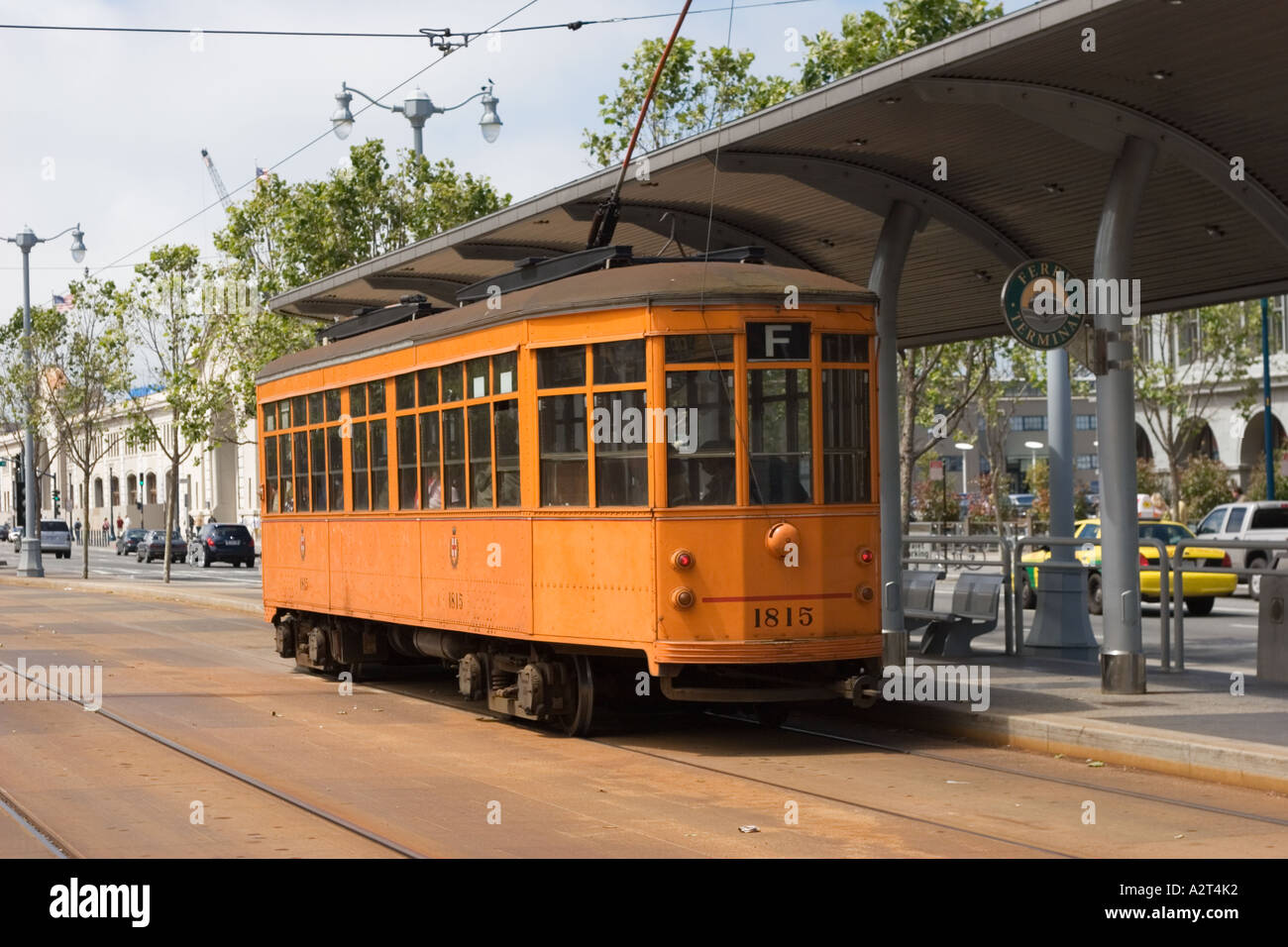Vintage streetcar F Market line along the Embarcadero waterfront in San ...