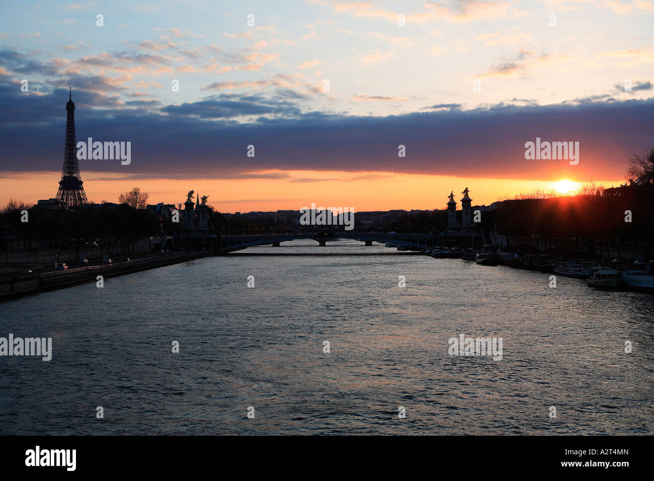 France, Paris, sunset on the capital over the Seine River Stock Photo ...