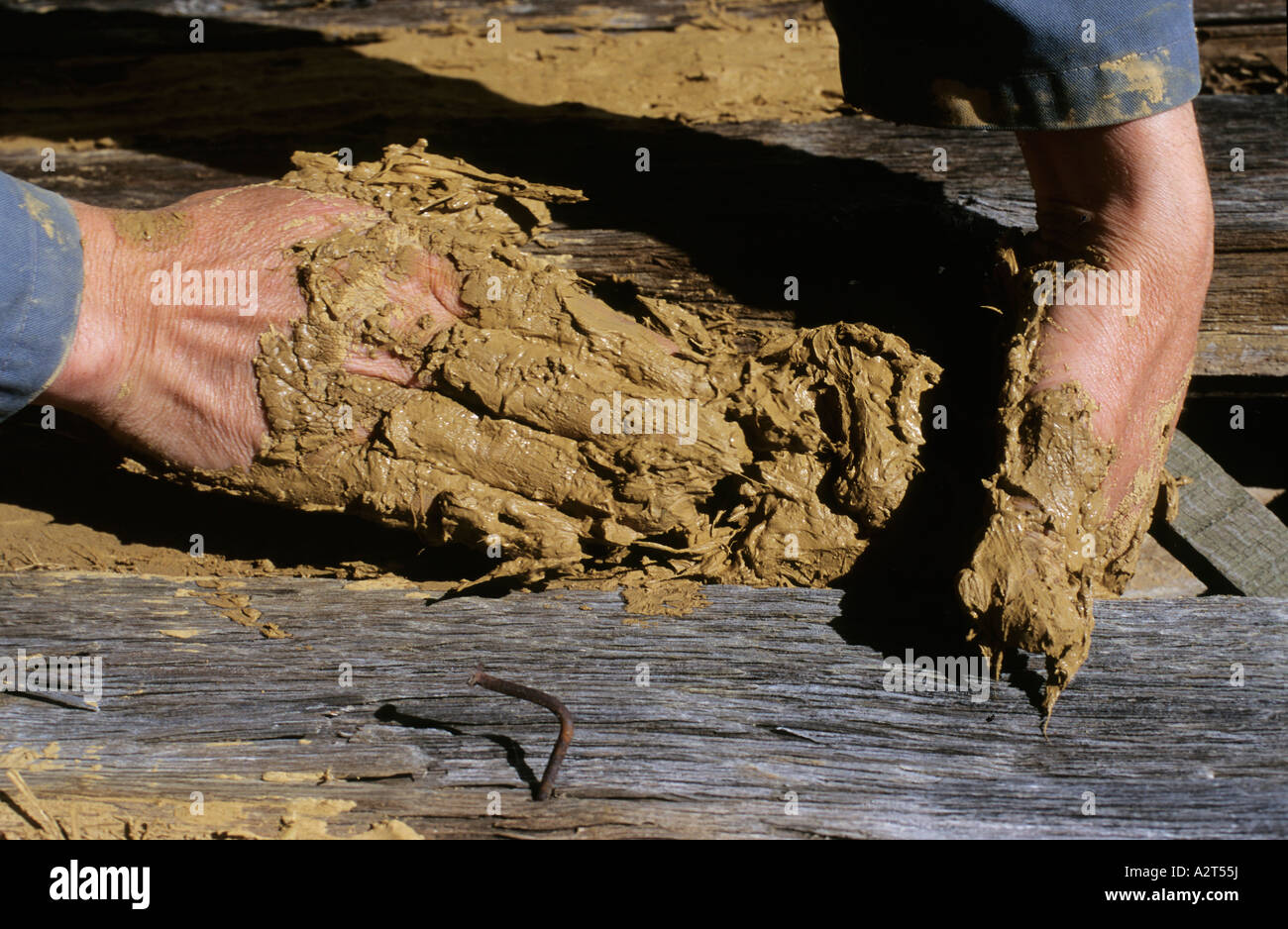 France, Calvados, mason making some cob for a house with half ...
