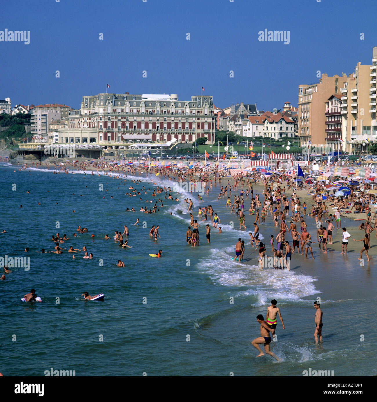 PEOPLE ON GRANDE PLAGE BEACH AND HOTEL DU PALAIS BIARRITZ BASQUE ...