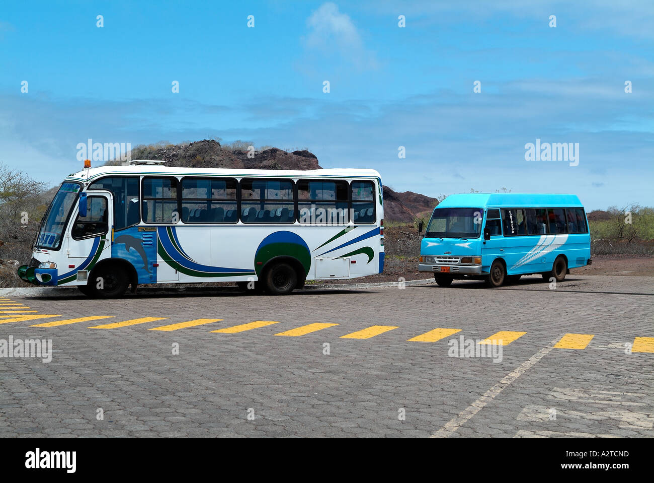 Buses with tourists in San Cristobal Island, Galapagos Stock Photo - Alamy