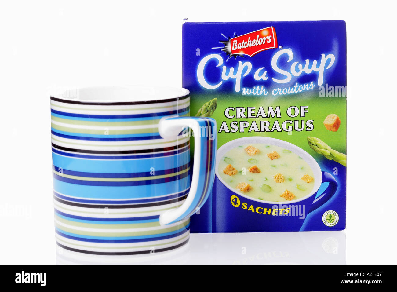Box of Cream of Asparagus Soup Sachets with a Cup Stock Photo - Alamy