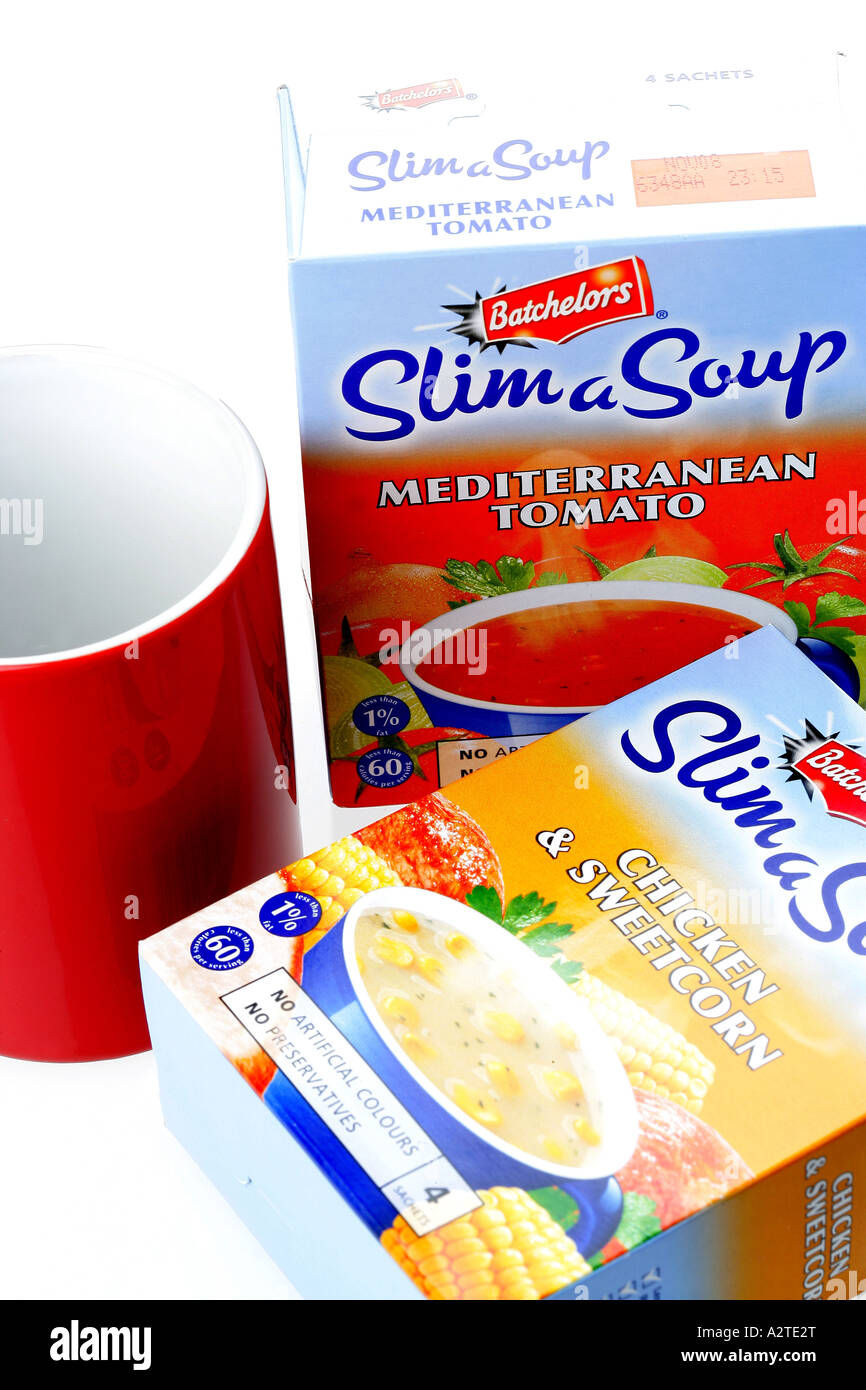 Boxes of Soup Sachets with a Cup Stock Photo - Alamy